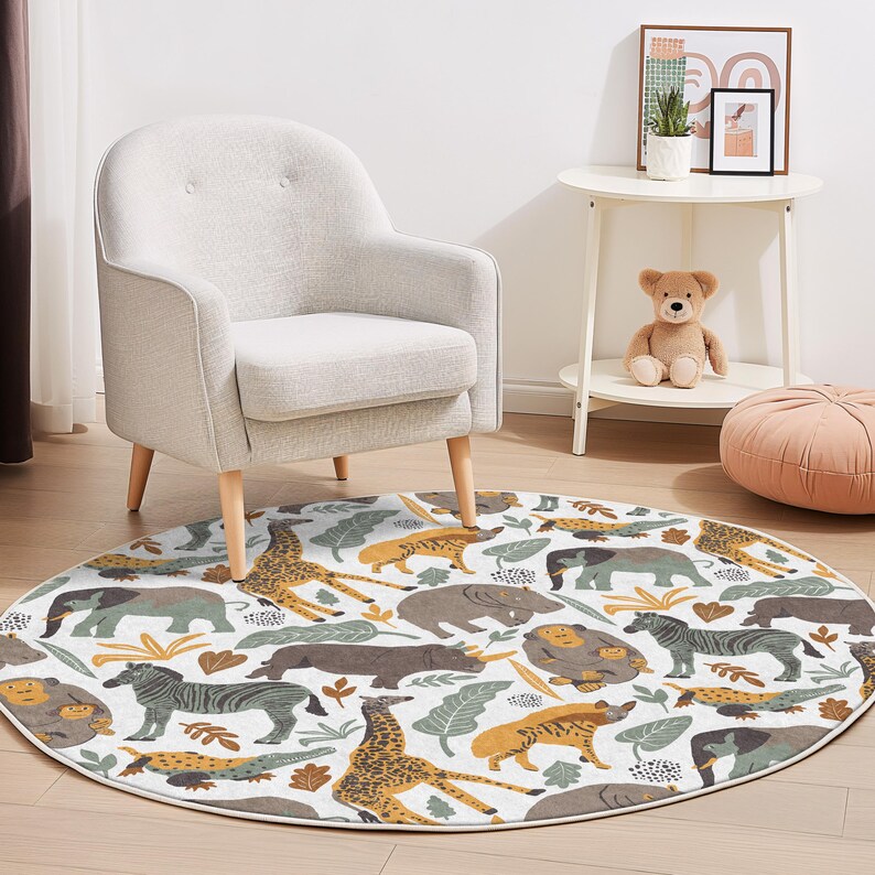 Safari Adventure Round Rug | Jungle Animals Nursery Carpet | Kids Room ...