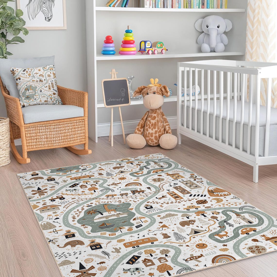 Boho Adventure Road Map Kids Area Rug - Neutral City Safari Play Carpet ...