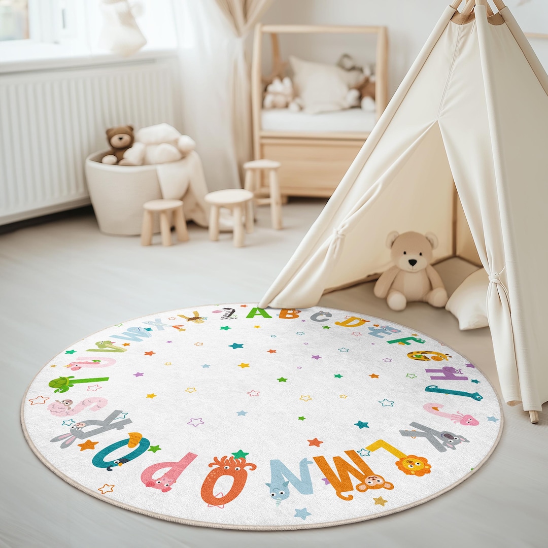 ABC Alphabet Kids Rug | Round Educational Nursery Carpet | Playroom ...