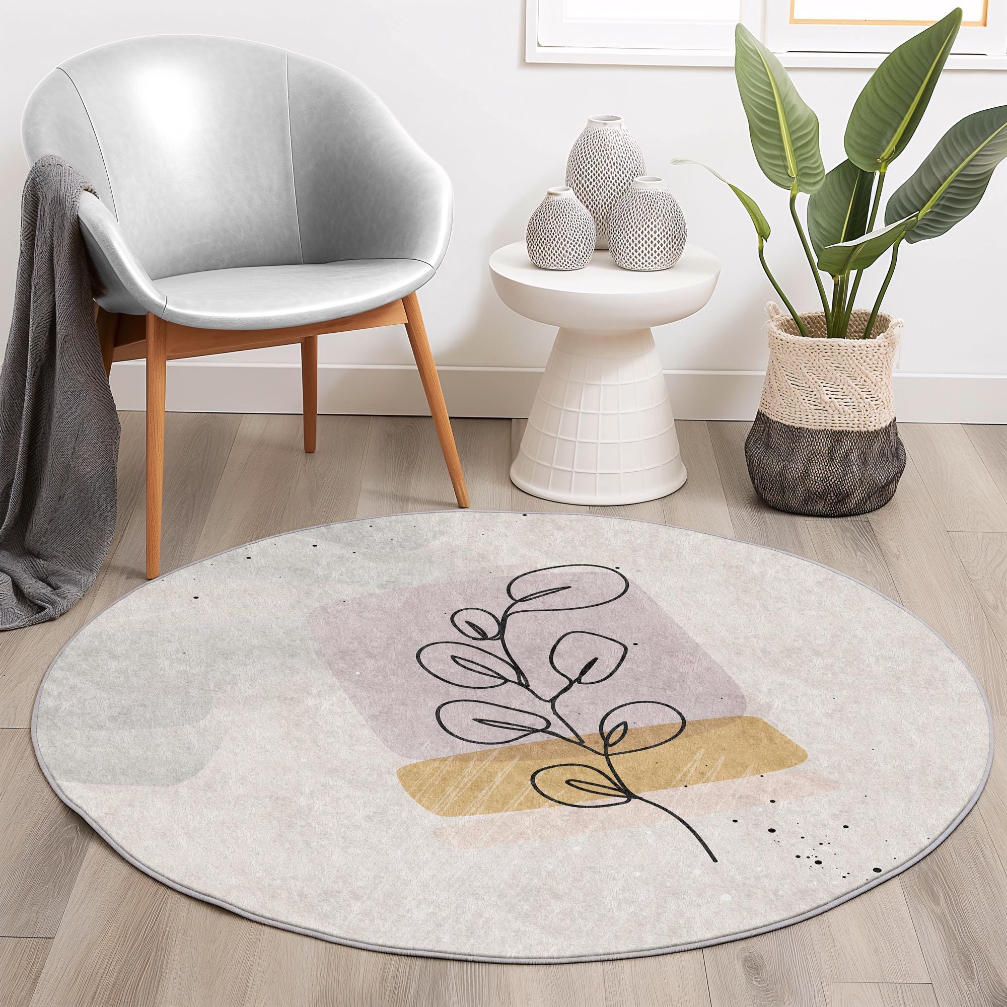 Modern Botanical Line Art Round Rugs, Minimalist Leaf Print Non-slip ...