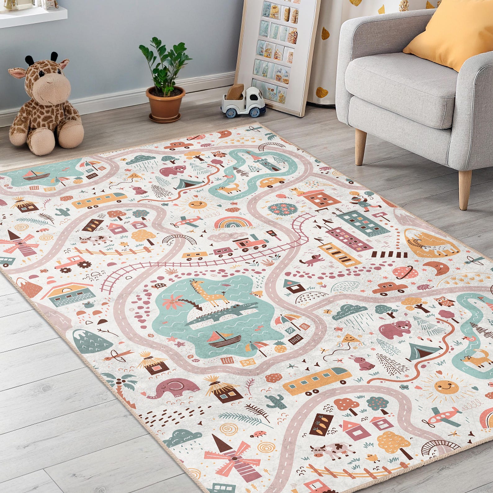 Boho Adventure Road Map Kids Area Rug - Neutral City Safari Play Carpet ...