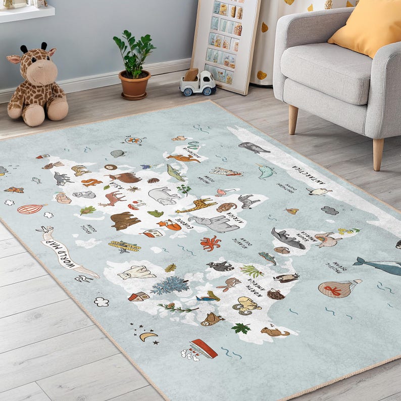 Educational World Map Kids Rug, Rectangle Aqua Blue or Beige Animal ...