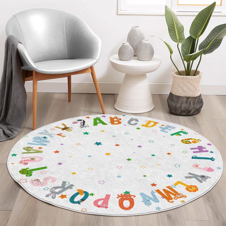ABC Alphabet Kids Rug Round Educational Nursery Carpet Playroom Floor ...