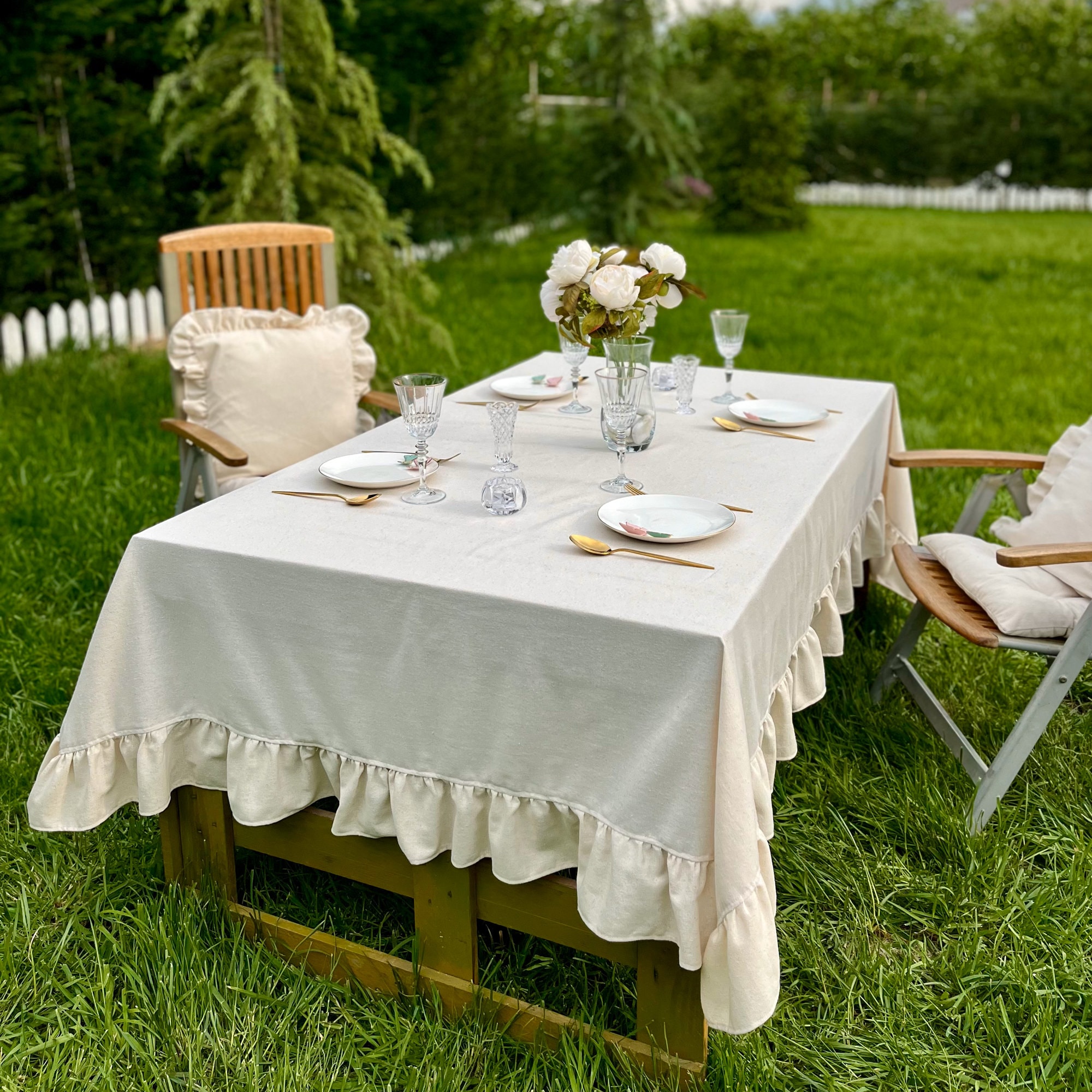 Linen Ruffled Tablecloth, Square Tablecloth, Rectangular Rustic Linen ...
