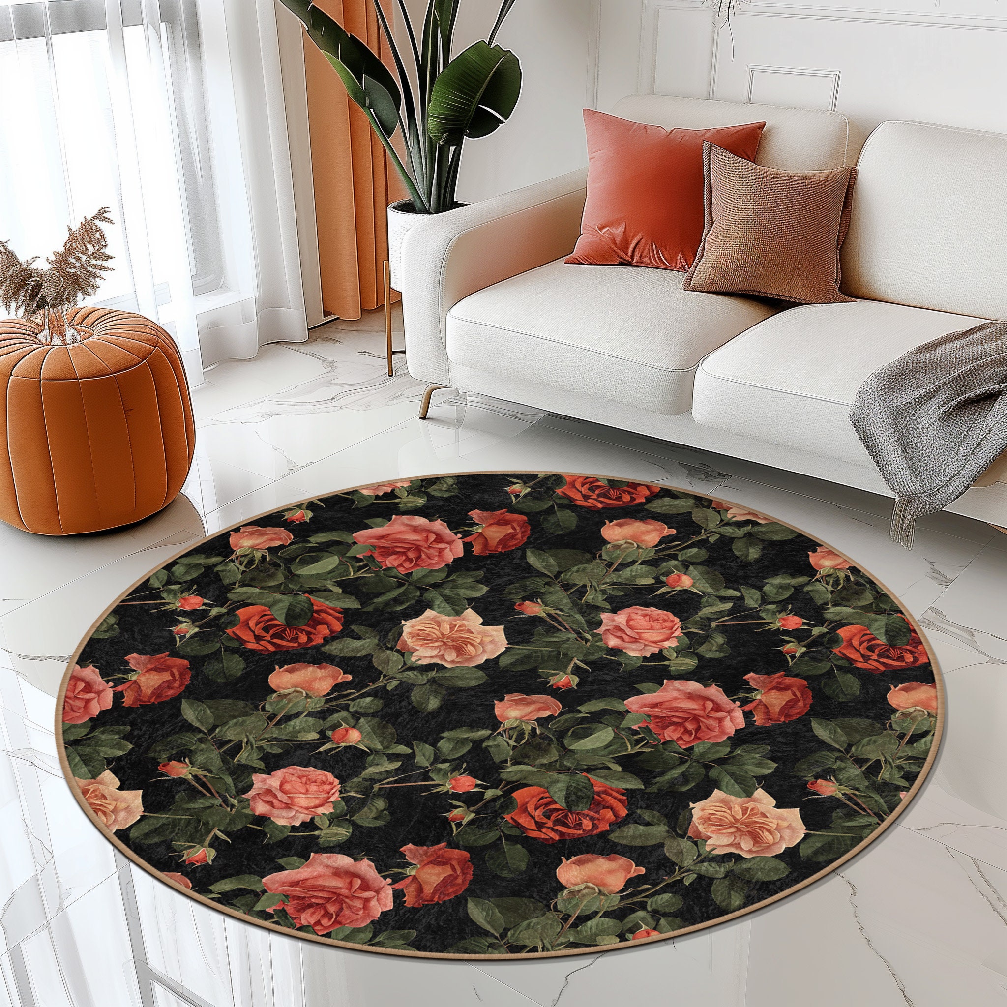 Rose Garden Round Rug, Anti-slip Circle Rug, Floral Round Rug for ...