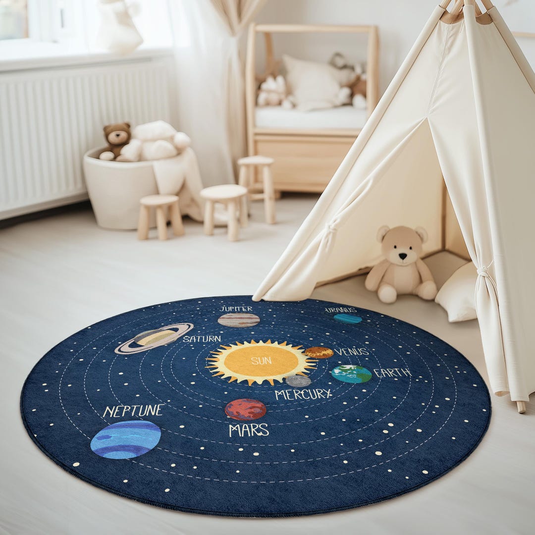 Solar System Kids Rug, Space Themed Round Carpet for Nursery & Playroom ...