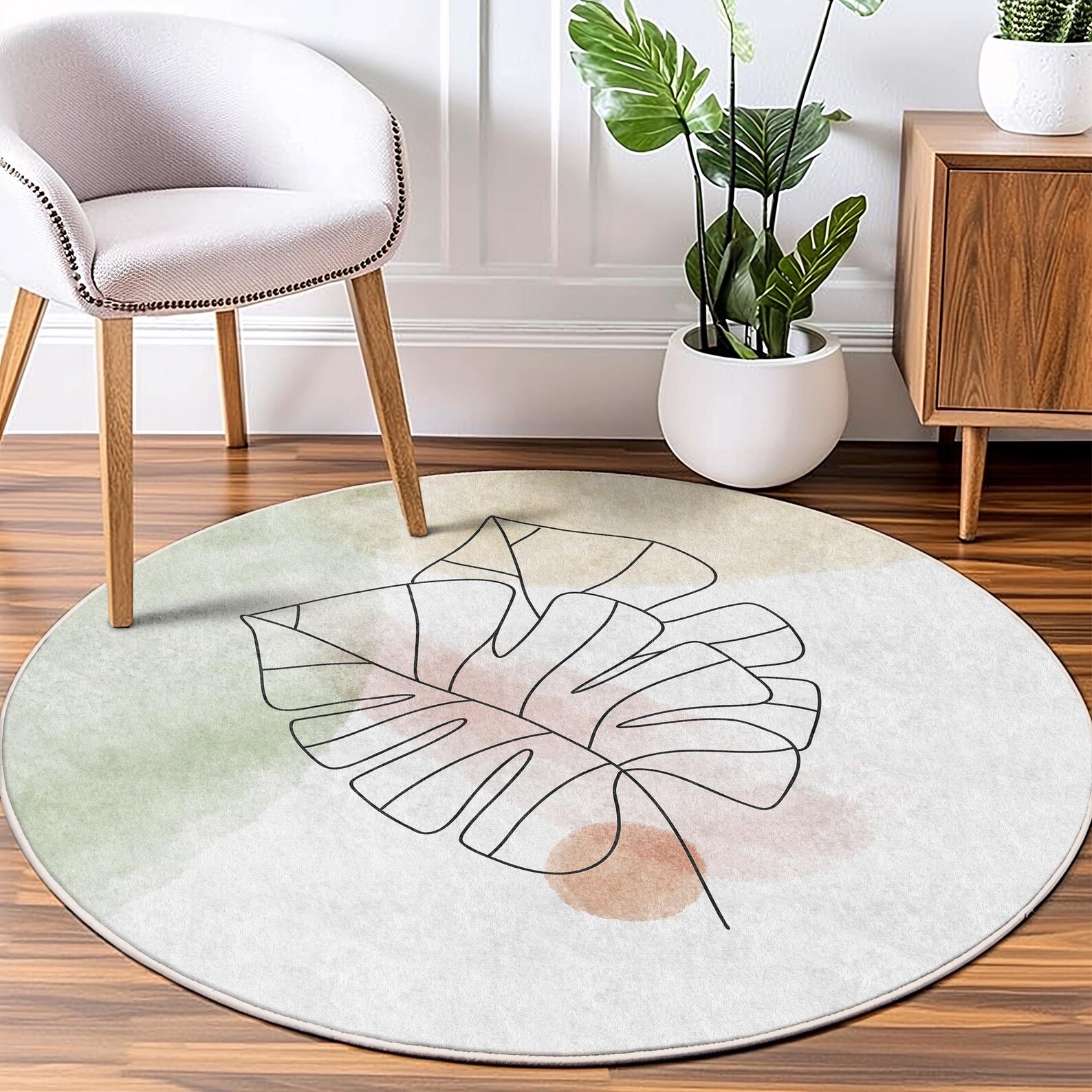 Modern Botanical Line Art Round Rugs, Minimalist Leaf Print Non-slip ...