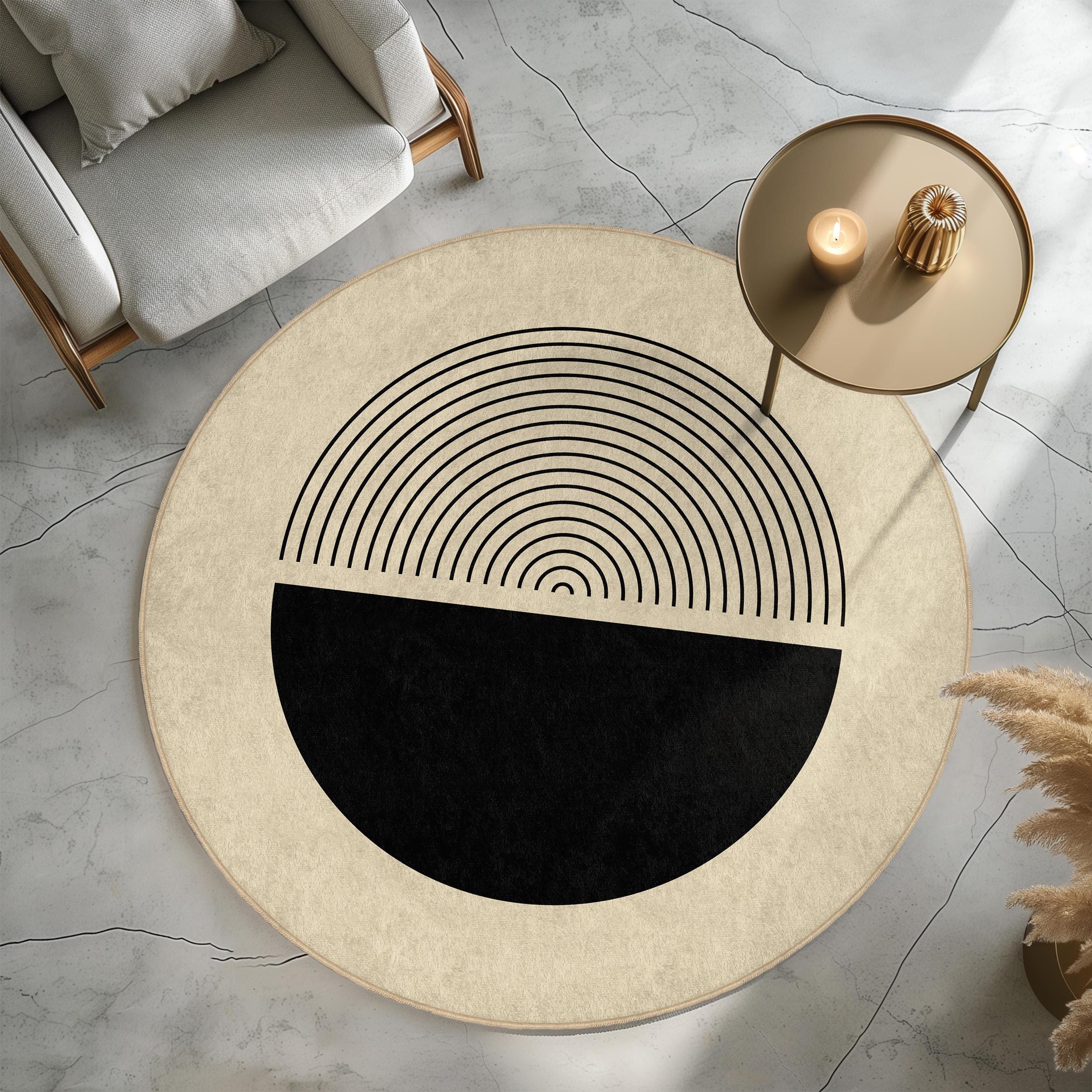 Modern Geometric Round Rug Black and Beige Abstract Semicircle Print ...