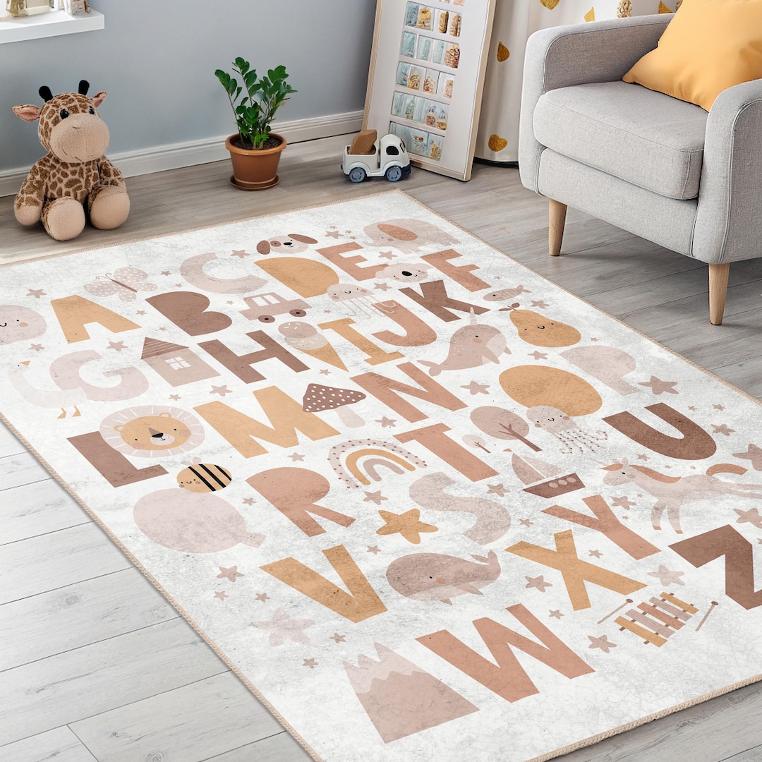 Alphabet Animals Kids Area Rug - Modern Neutral ABC Play Mat for ...
