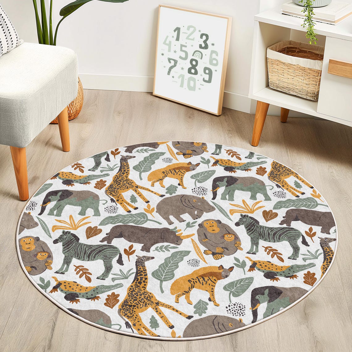 Safari Adventure Round Rug | Jungle Animals Nursery Carpet | Kids Room ...
