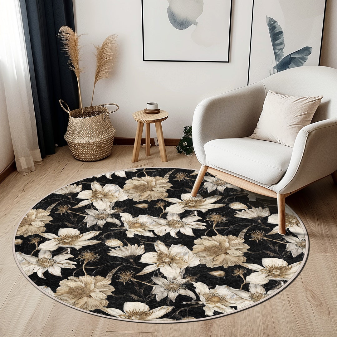 Floral Elegance Round Rug, Anti-slip Circle Rugs, Decorative Flower Rug ...