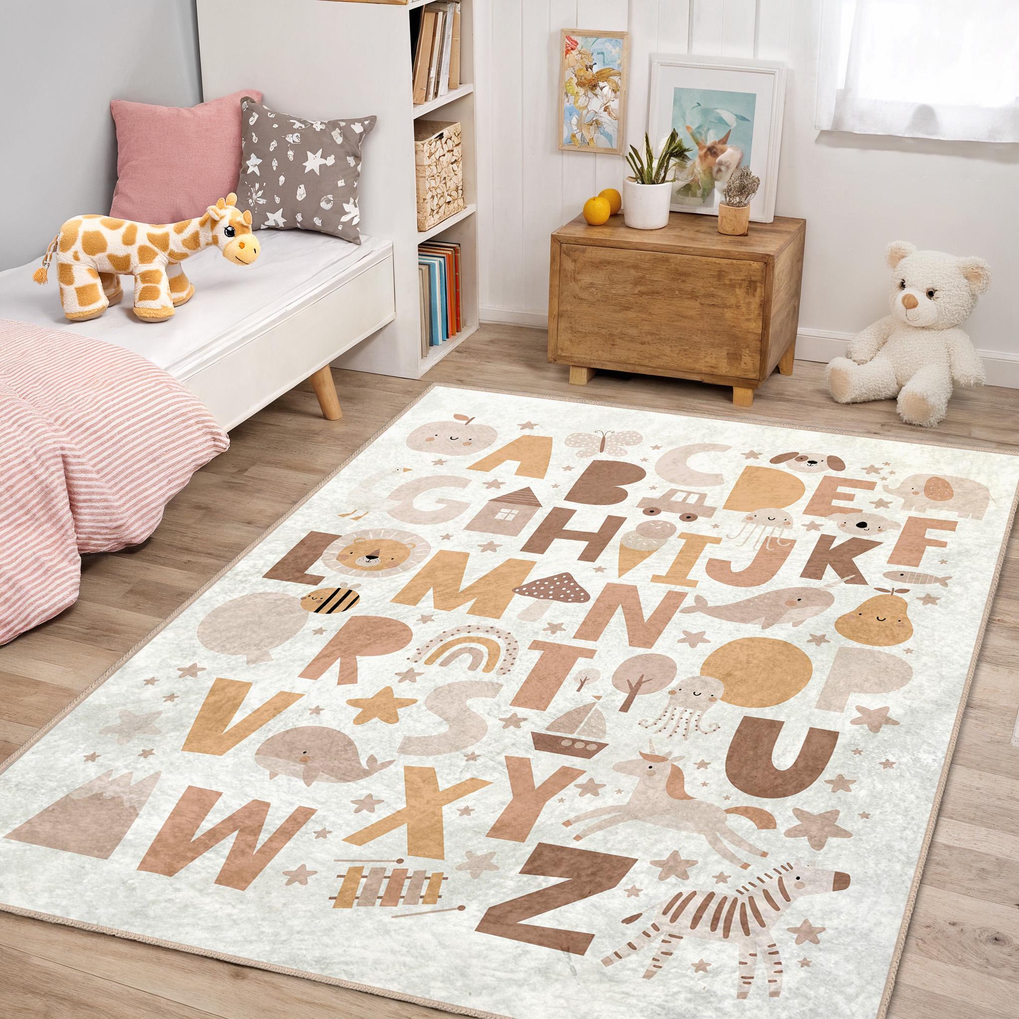 Alphabet Animals Kids Area Rug - Modern Neutral ABC Play Mat for ...