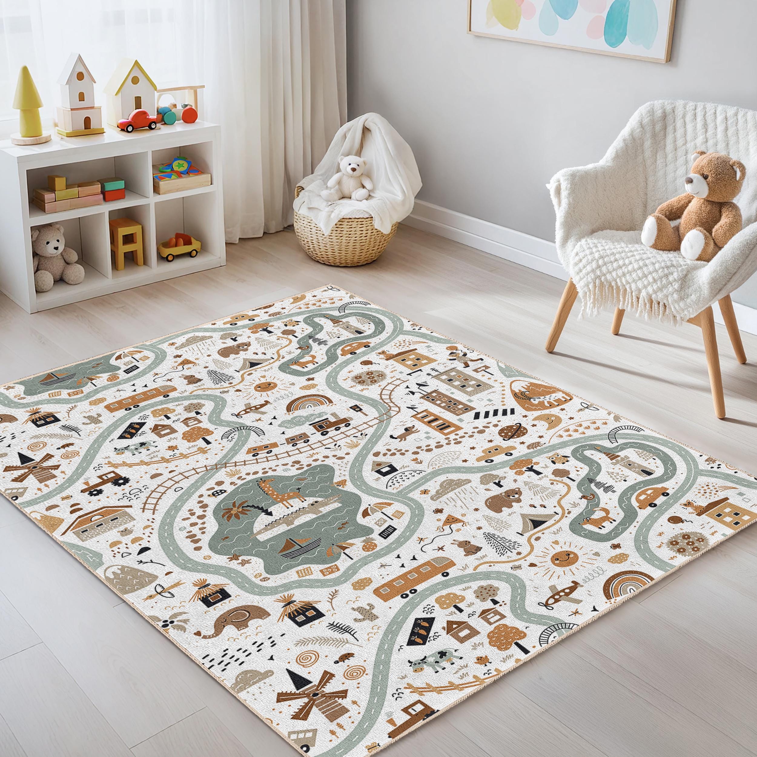 Boho Adventure Road Map Kids Area Rug - Neutral City Safari Play Carpet ...