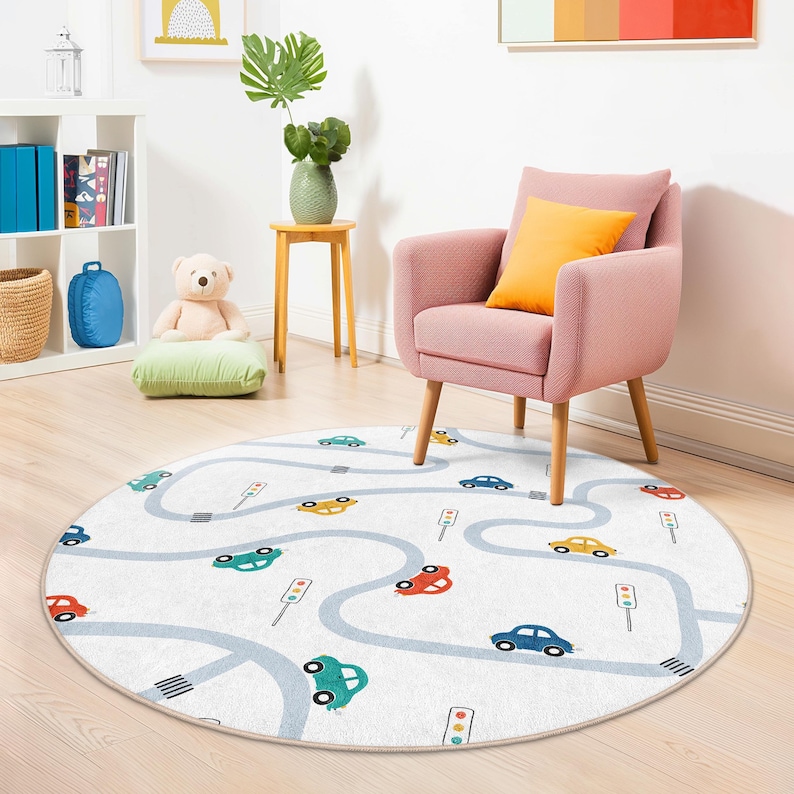 Cars and Traffic Map Nursery Rug, Kids Round Road Map Rug, Children's ...