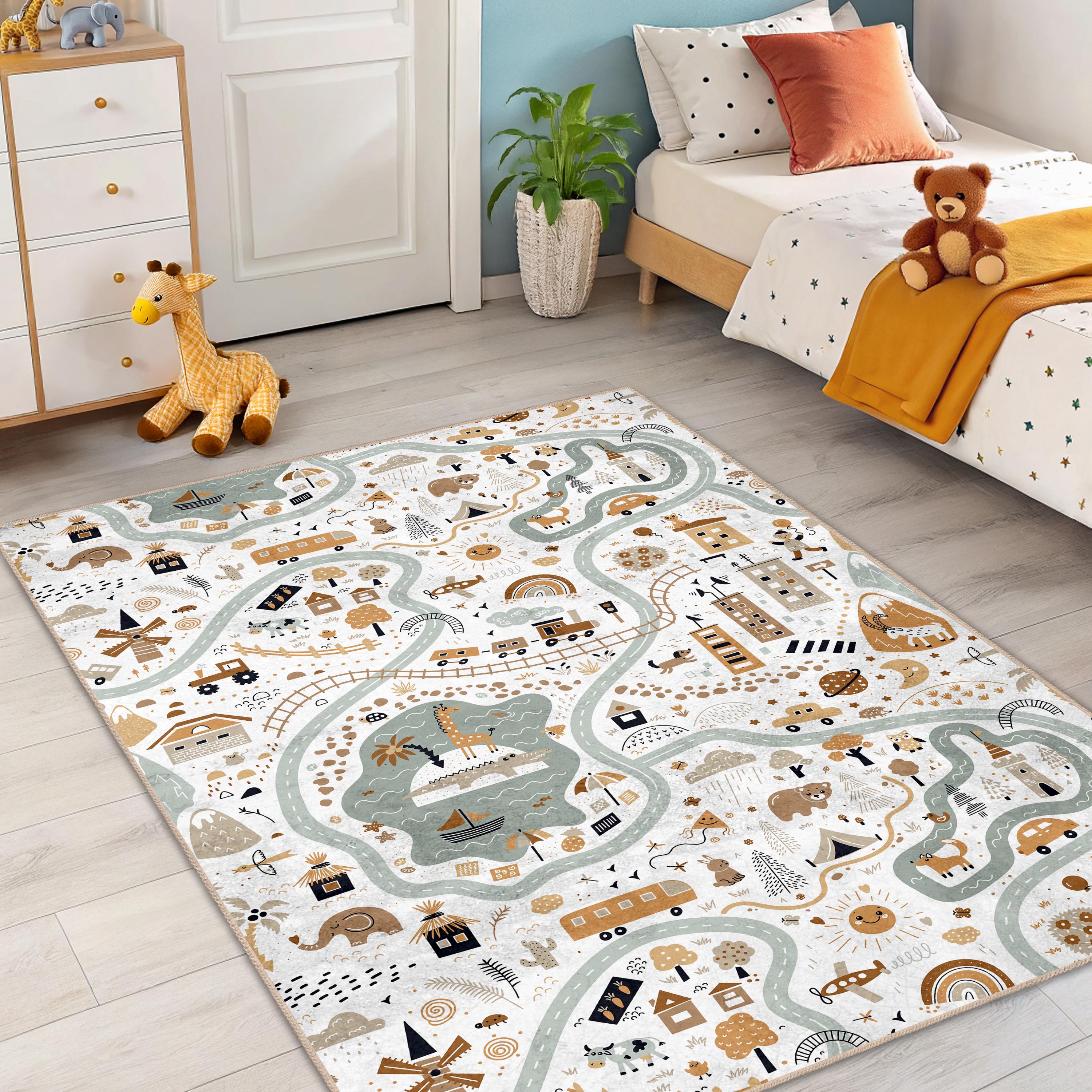 Boho Adventure Road Map Kids Area Rug - Neutral City Safari Play Carpet ...