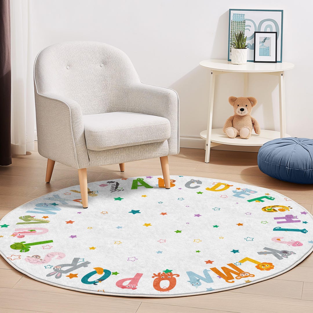 ABC Alphabet Kids Rug Round Educational Nursery Carpet Playroom Floor ...