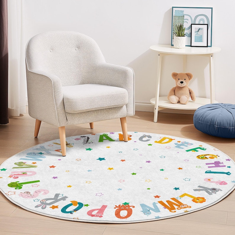 ABC Alphabet Kids Rug | Round Educational Nursery Carpet | Playroom ...