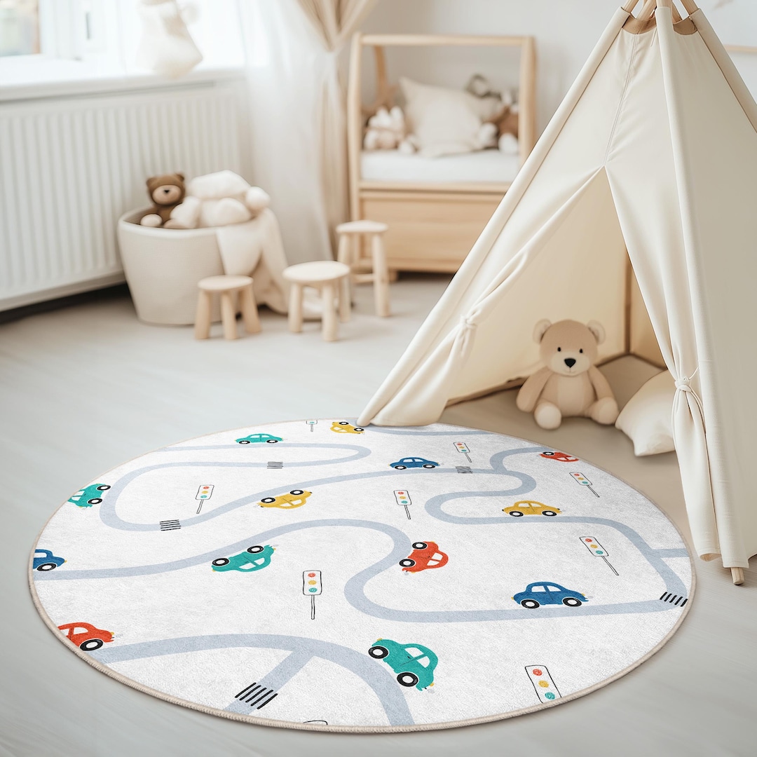 Cars and Traffic Map Nursery Rug, Kids Round Road Map Rug, Children's ...