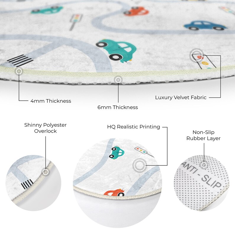 Cars and Traffic Map Nursery Rug, Kids Round Road Map Rug, Children's ...