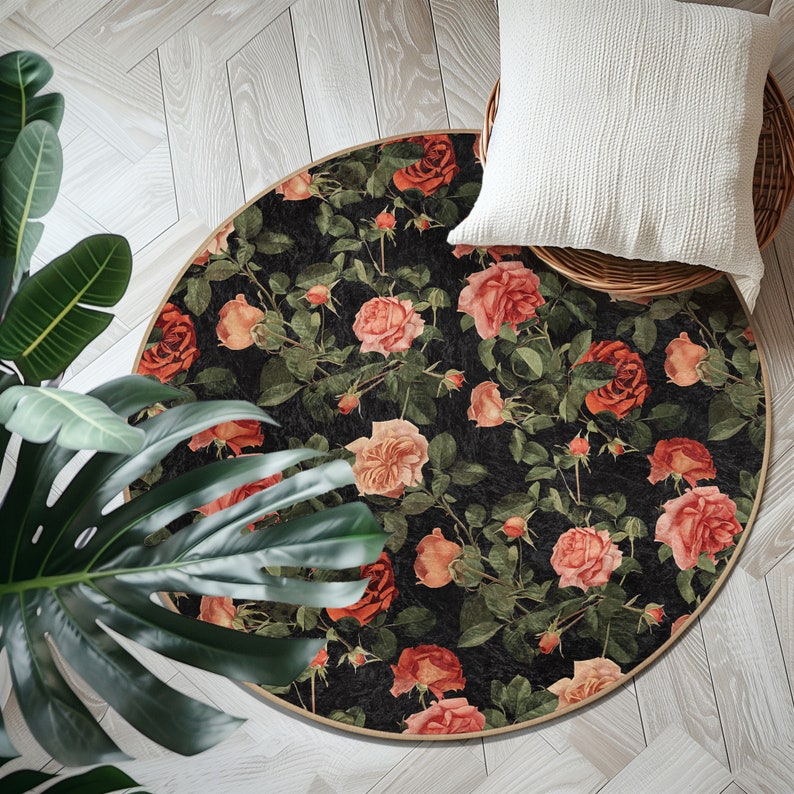 Rose Garden Round Rug, Anti-slip Circle Rug, Floral Round Rug for ...
