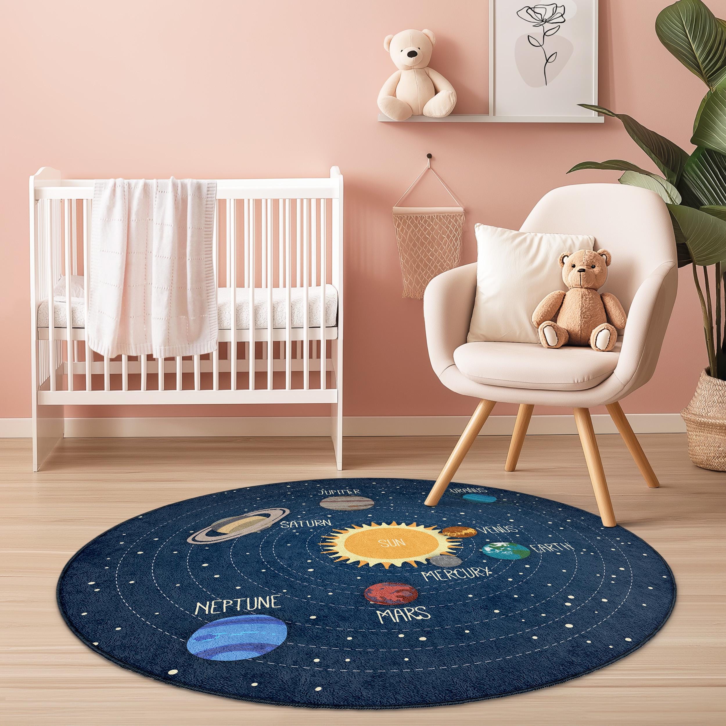 Solar System Kids Rug, Space Themed Round Carpet for Nursery & Playroom ...
