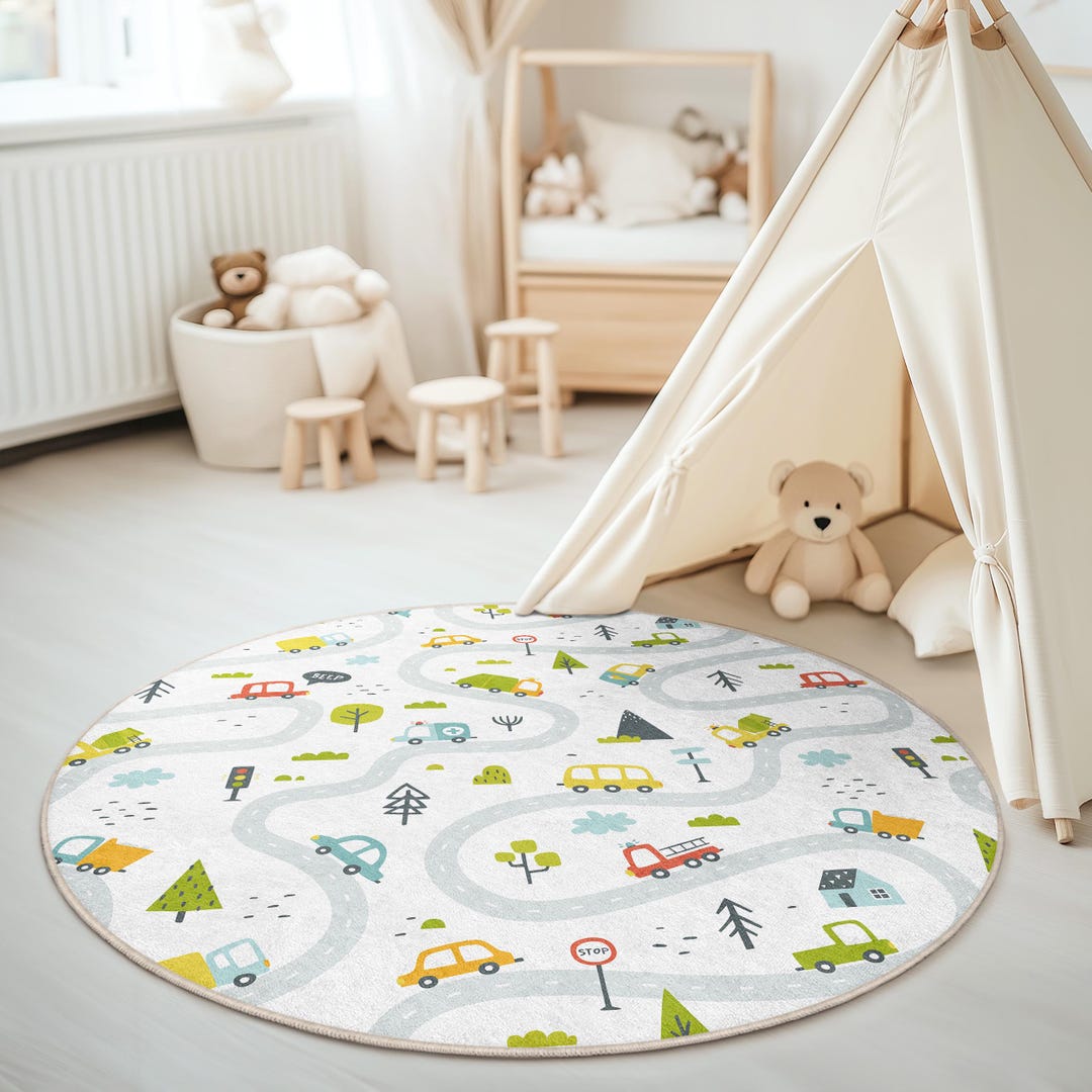 Traffic Road Round Kids Rug, Colorful Car & Truck Play Mat for Playroom ...
