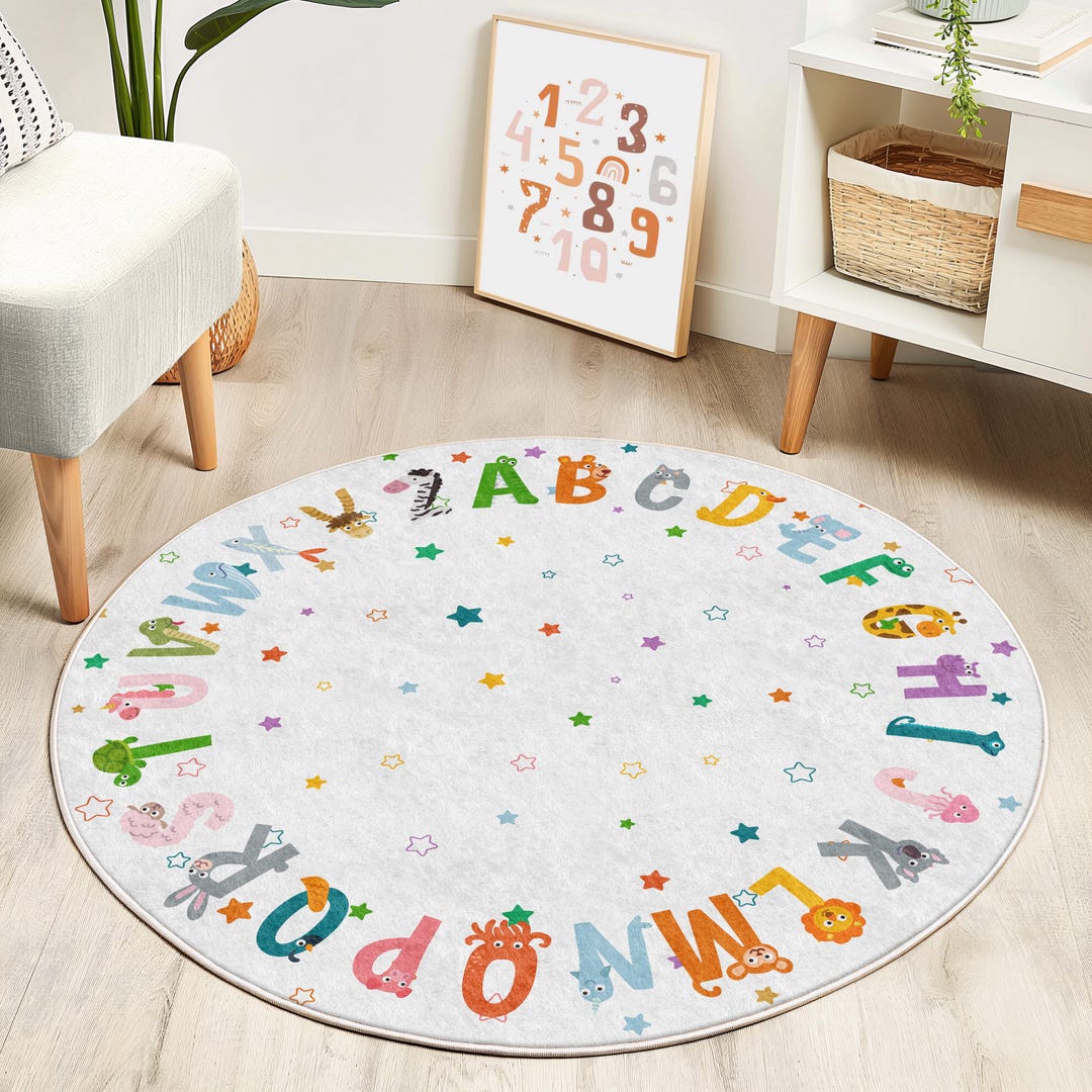 ABC Alphabet Kids Rug Round Educational Nursery Carpet Playroom Floor ...