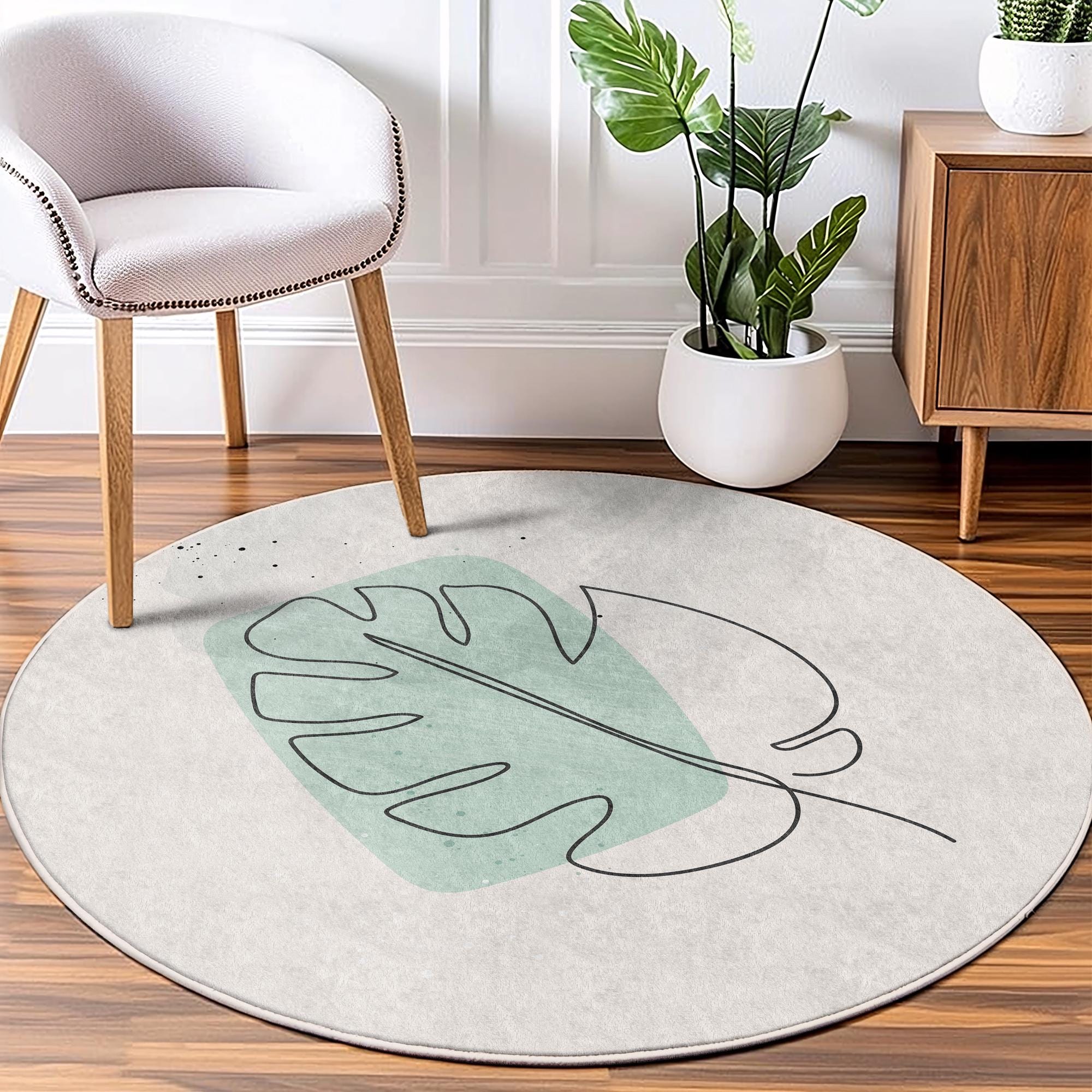 Modern Botanical Line Art Round Rugs, Minimalist Leaf Print Non-slip ...
