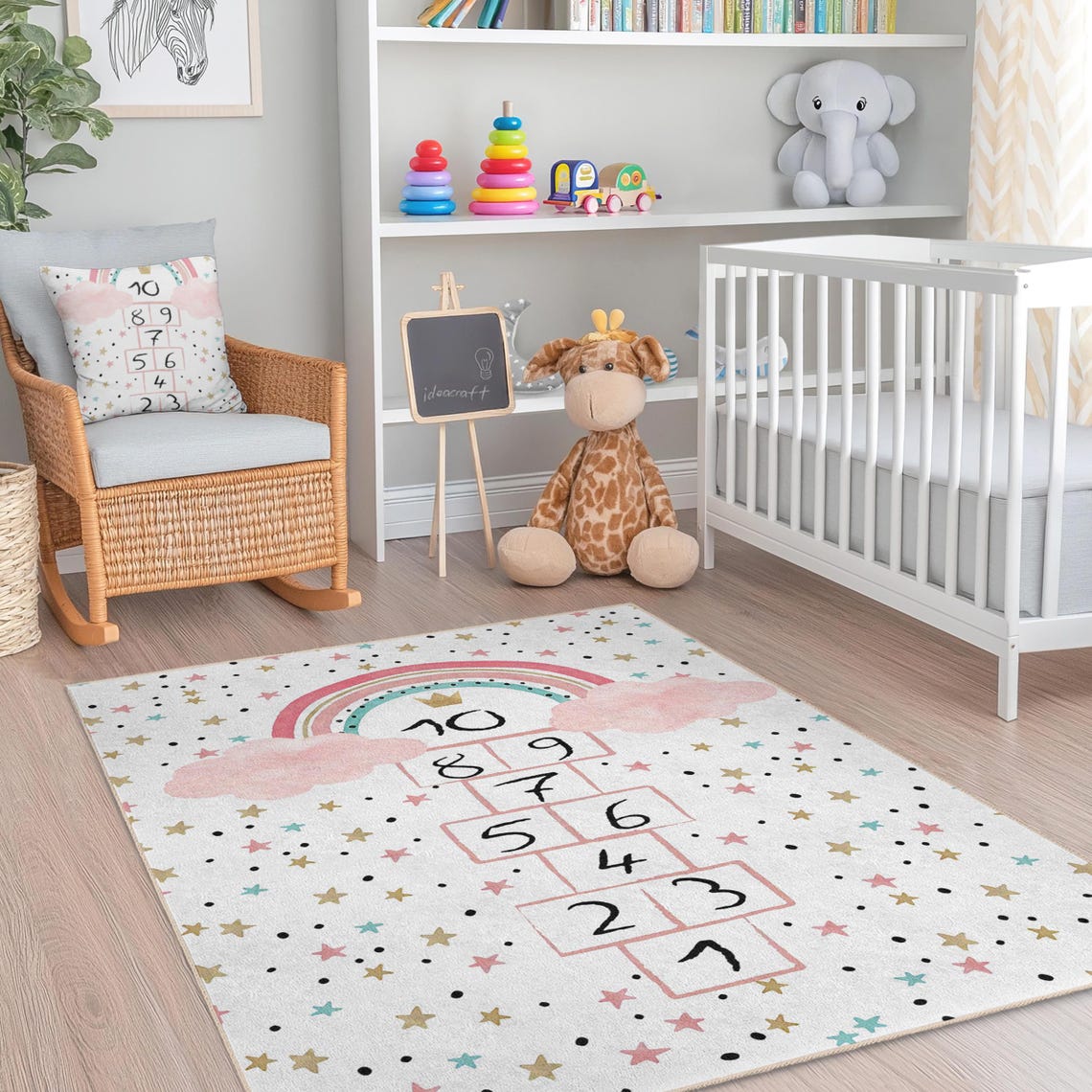 Rainbow Hopscotch Kids Rug - Playroom Fun Learning Mat - Pastel Star ...