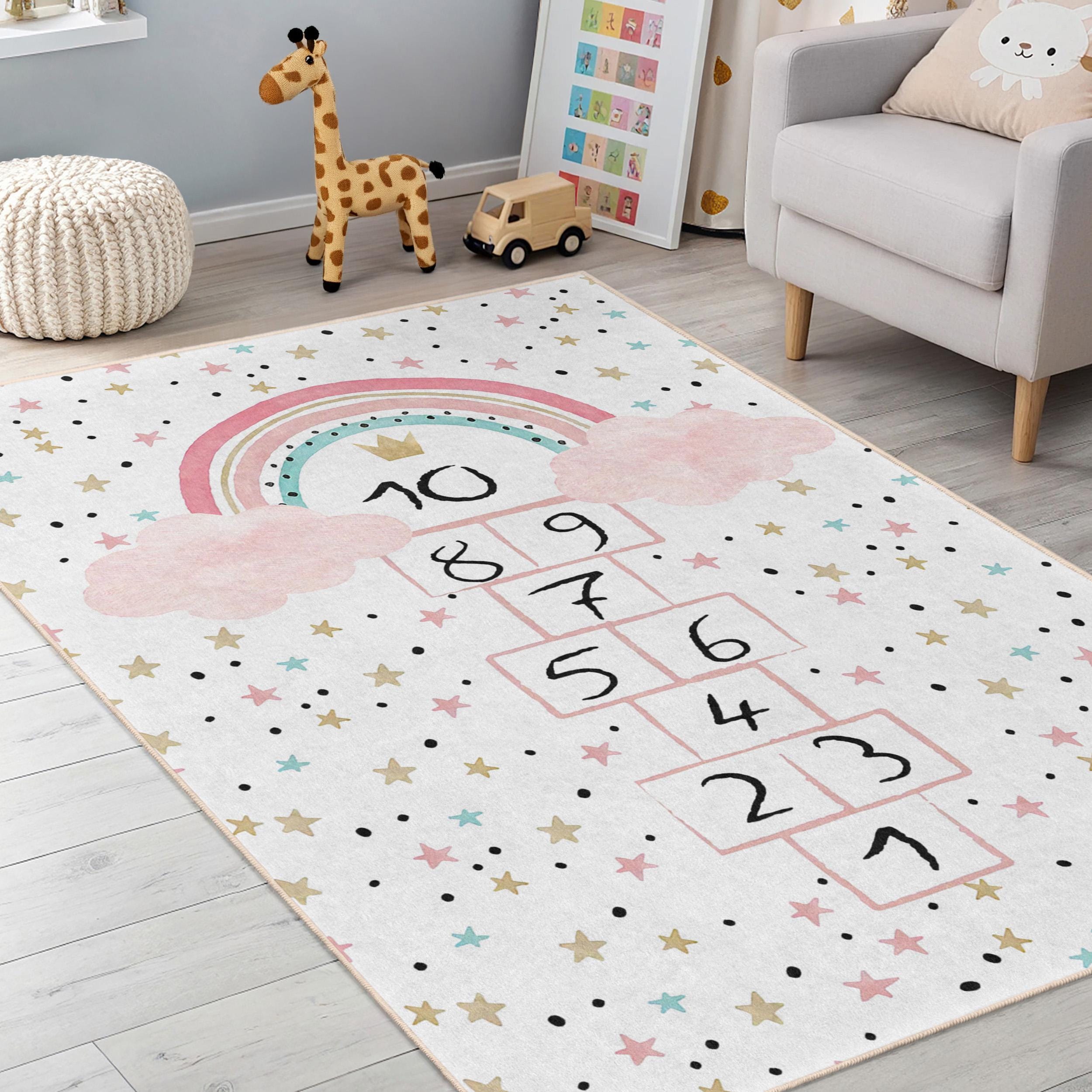 Rainbow Hopscotch Kids Rug - Playroom Fun Learning Mat - Pastel Star ...