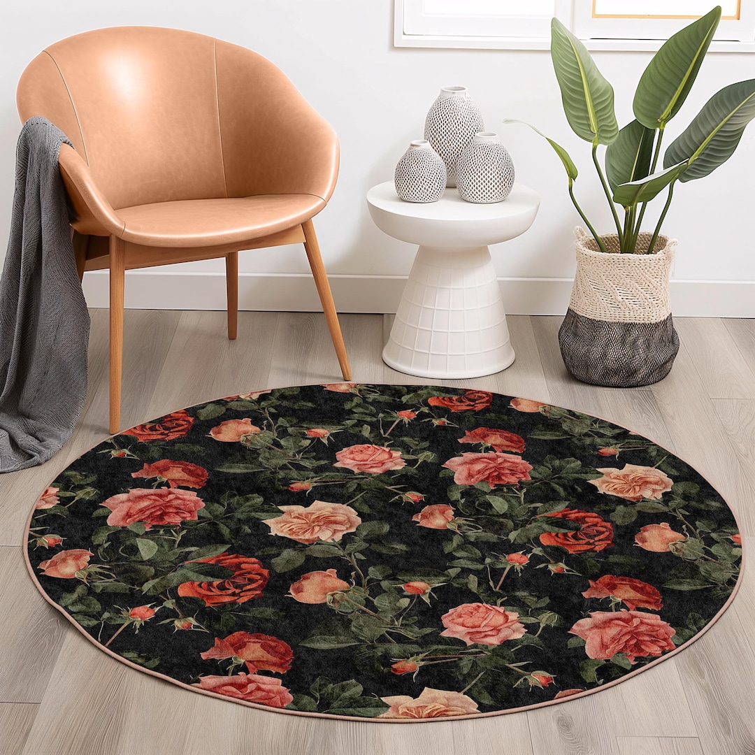 Rose Garden Round Rug, Anti-slip Circle Rug, Floral Round Rug for ...