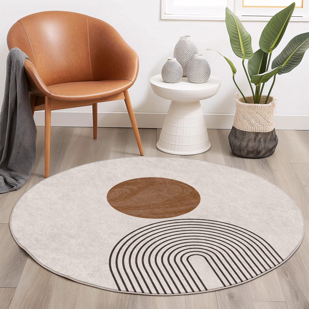 Brown Circle Black Arch Round Rug | Modern Abstract Line Art Living ...