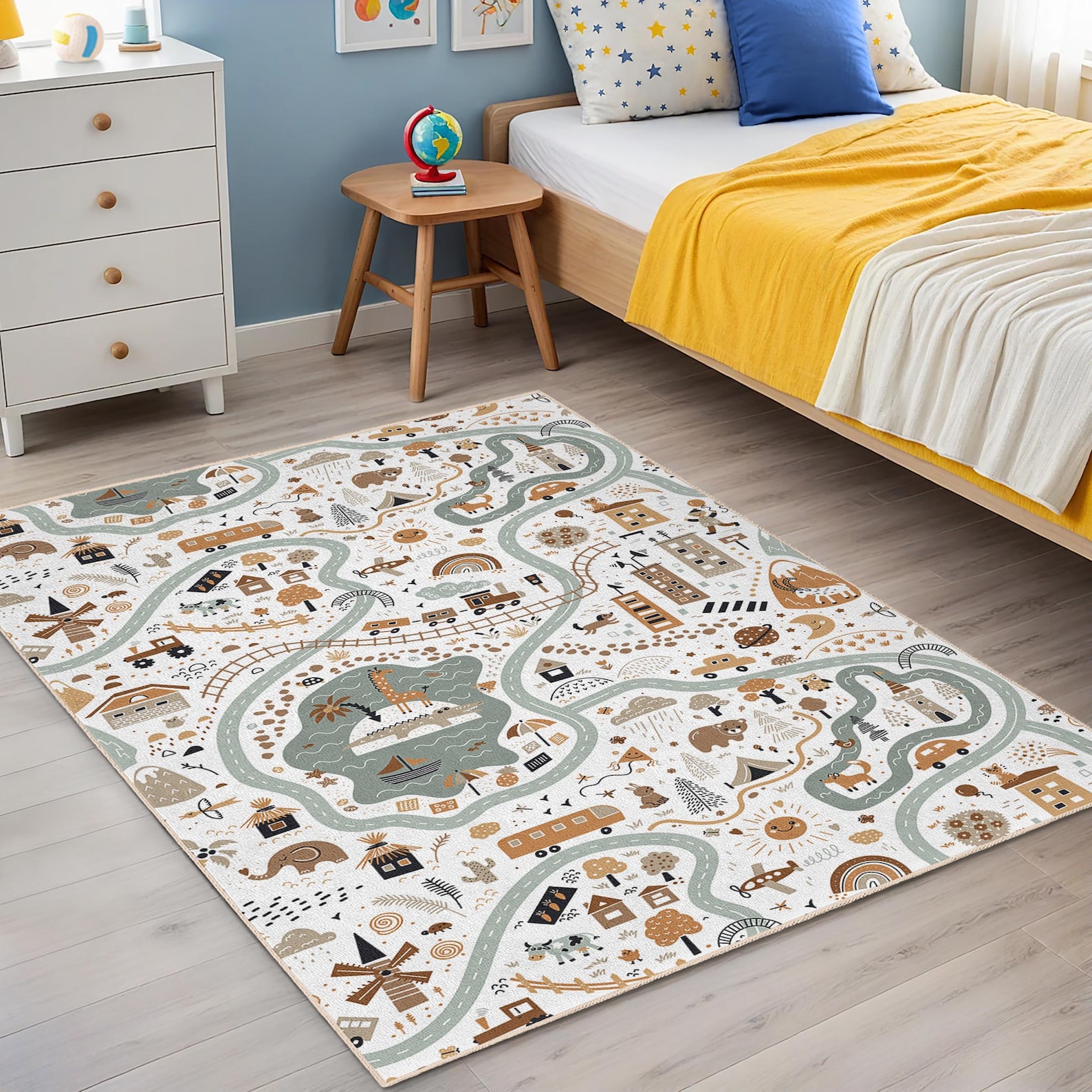 Boho Adventure Road Map Kids Area Rug - Neutral City Safari Play Carpet ...