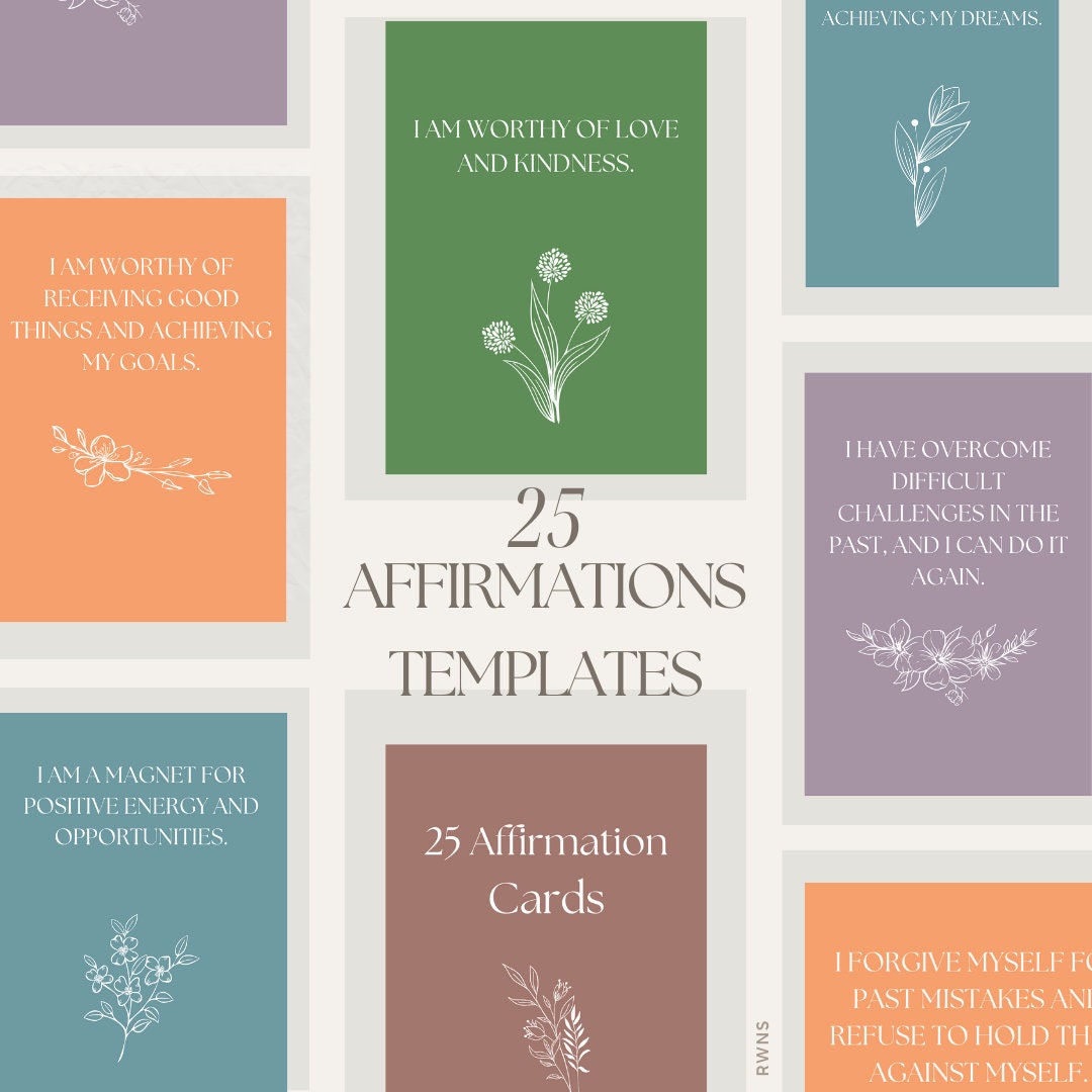 Set of 25 Printable Affirmation Cards Templates With Floral Designs ...