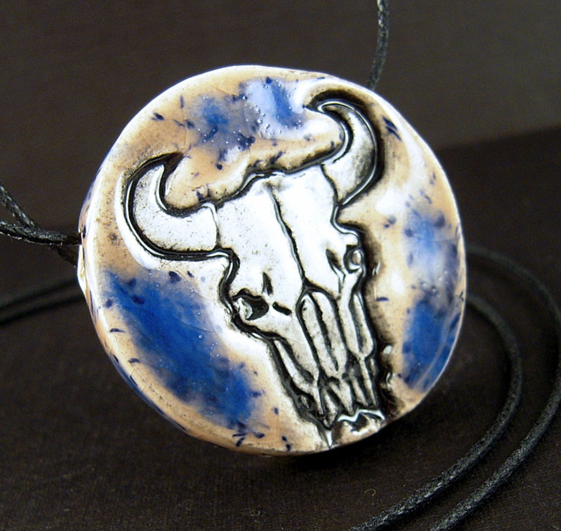 Blue Buffalo Ceramic Skull Bead 34mm GORGEOUS Northern | Etsy
