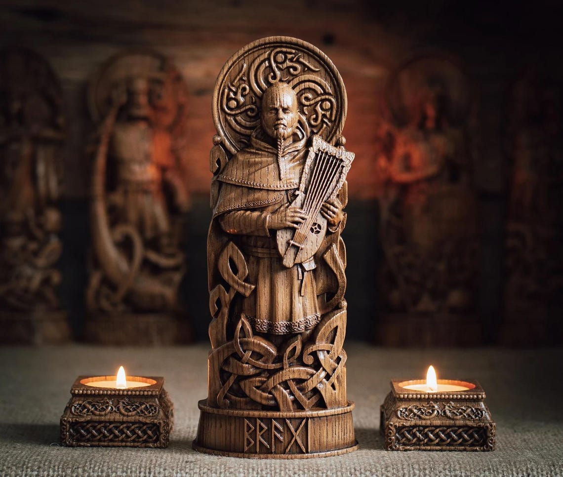 Hand Carved Oak Bragi Statue - Norse God Sculpture, Viking Altar - Etsy