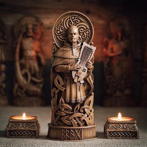 Bragi Statue, Norse Gods, Wood Carving Altar Heathen Asatru Viking God ...