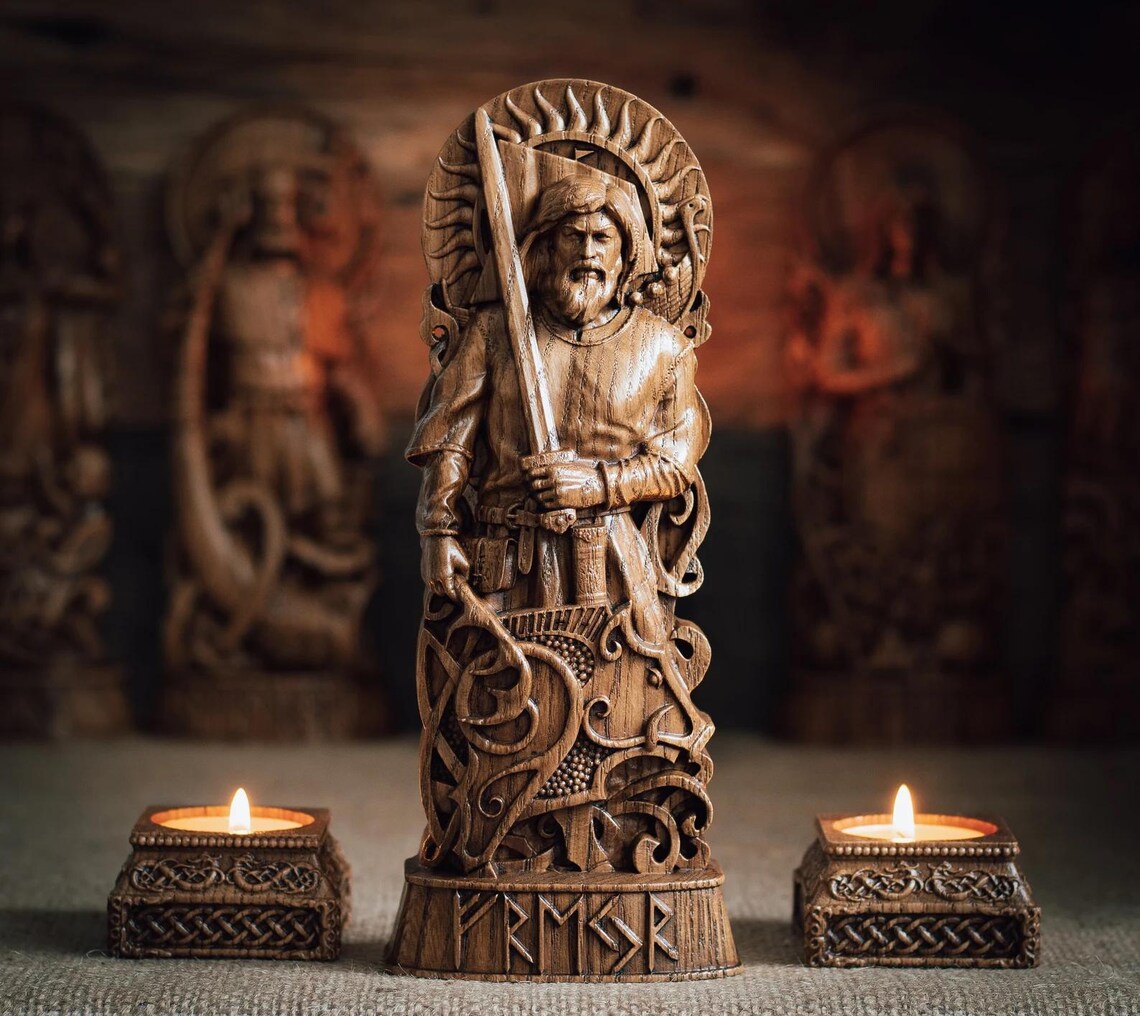Handmade Oak Wood Freyr Statue: Norse God Altar, Viking Decor (8.5 Inch ...