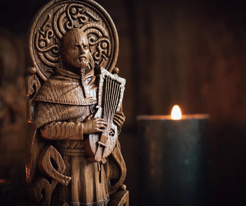 Hand Carved Oak Bragi Statue - Norse God Sculpture, Viking Altar - Etsy