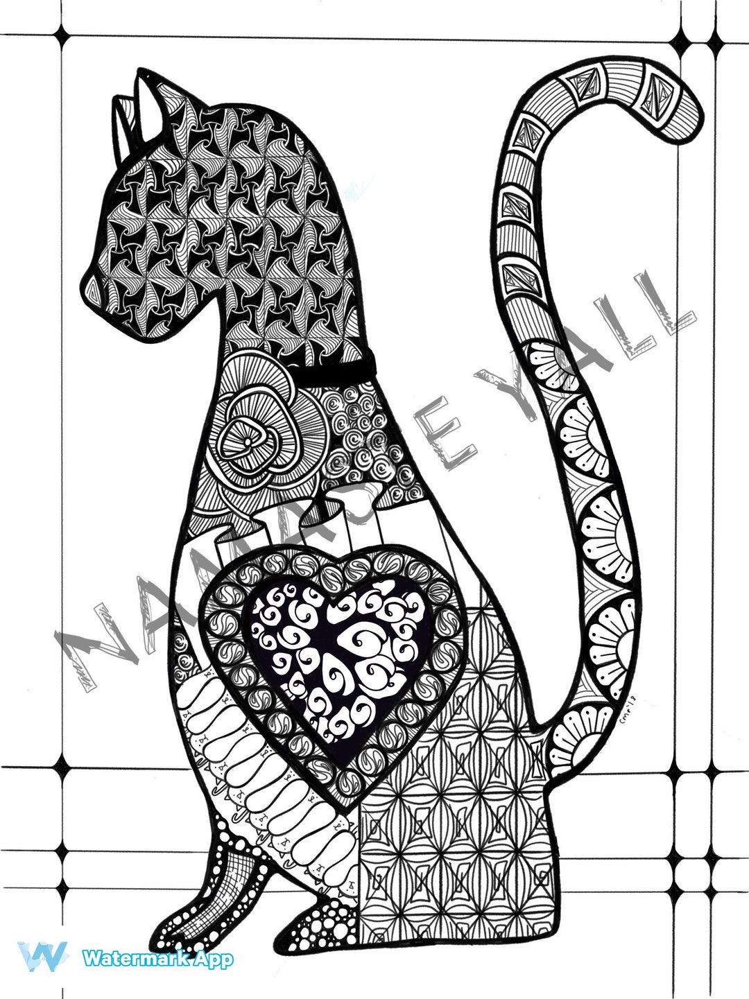Digital Cat Adult Coloring Page Zentangle Zen Tangle Kitty - Etsy