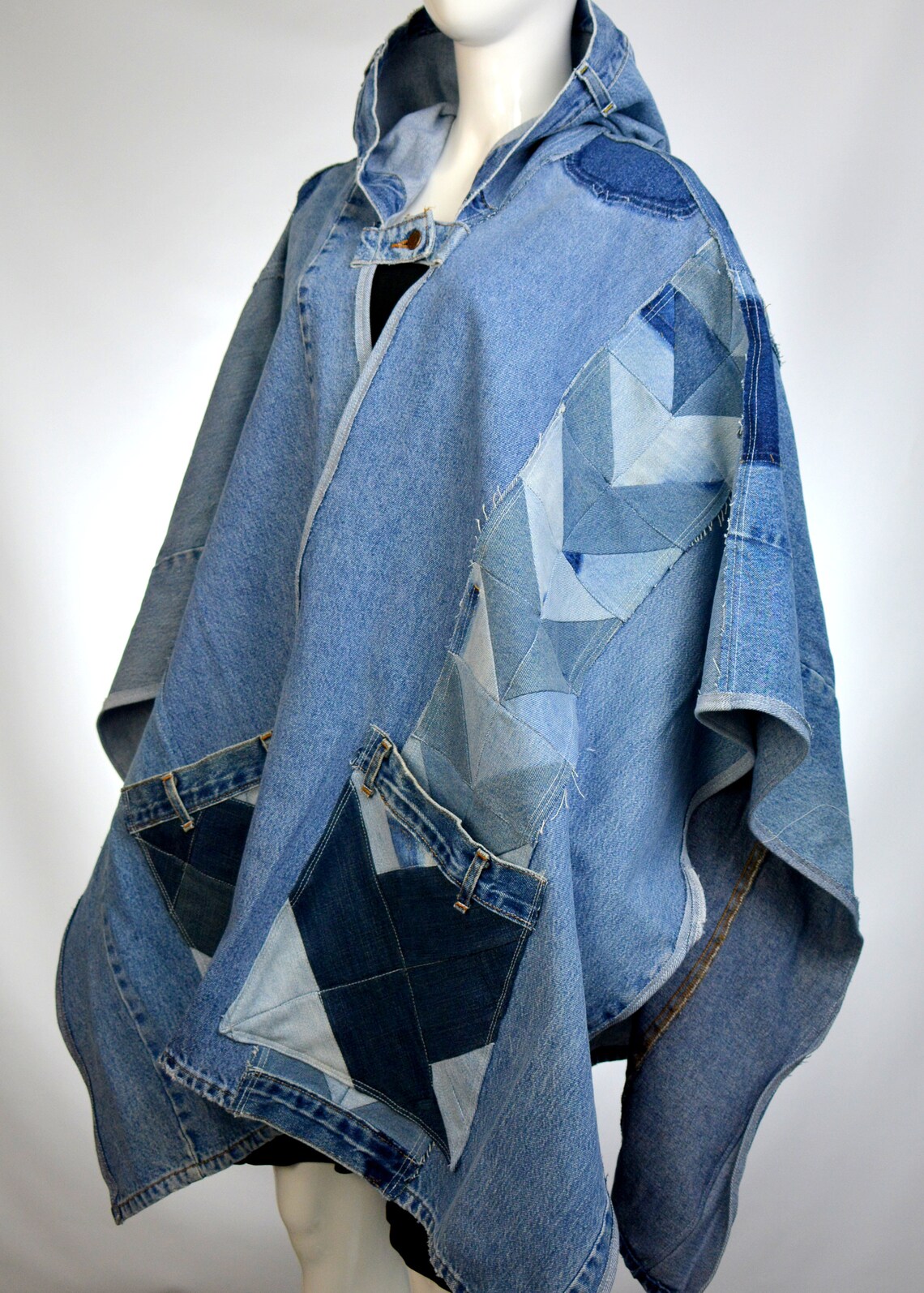 Southwest Unisex Denim Poncho Ecofriendly Upcycled Jeans Reconstructed ...