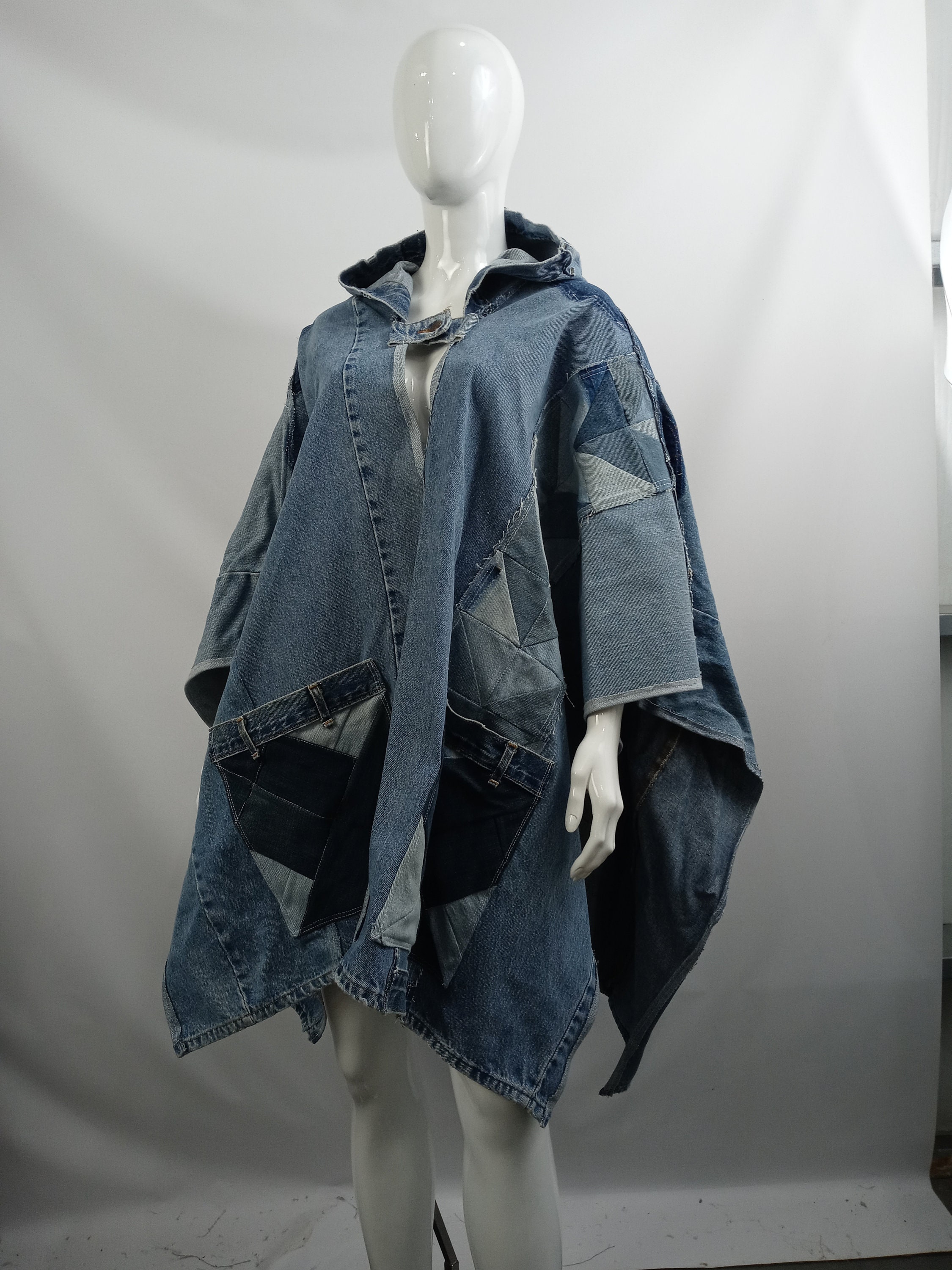 Southwest Unisex Denim Poncho Ecofriendly Upcycled Jeans Reconstructed ...