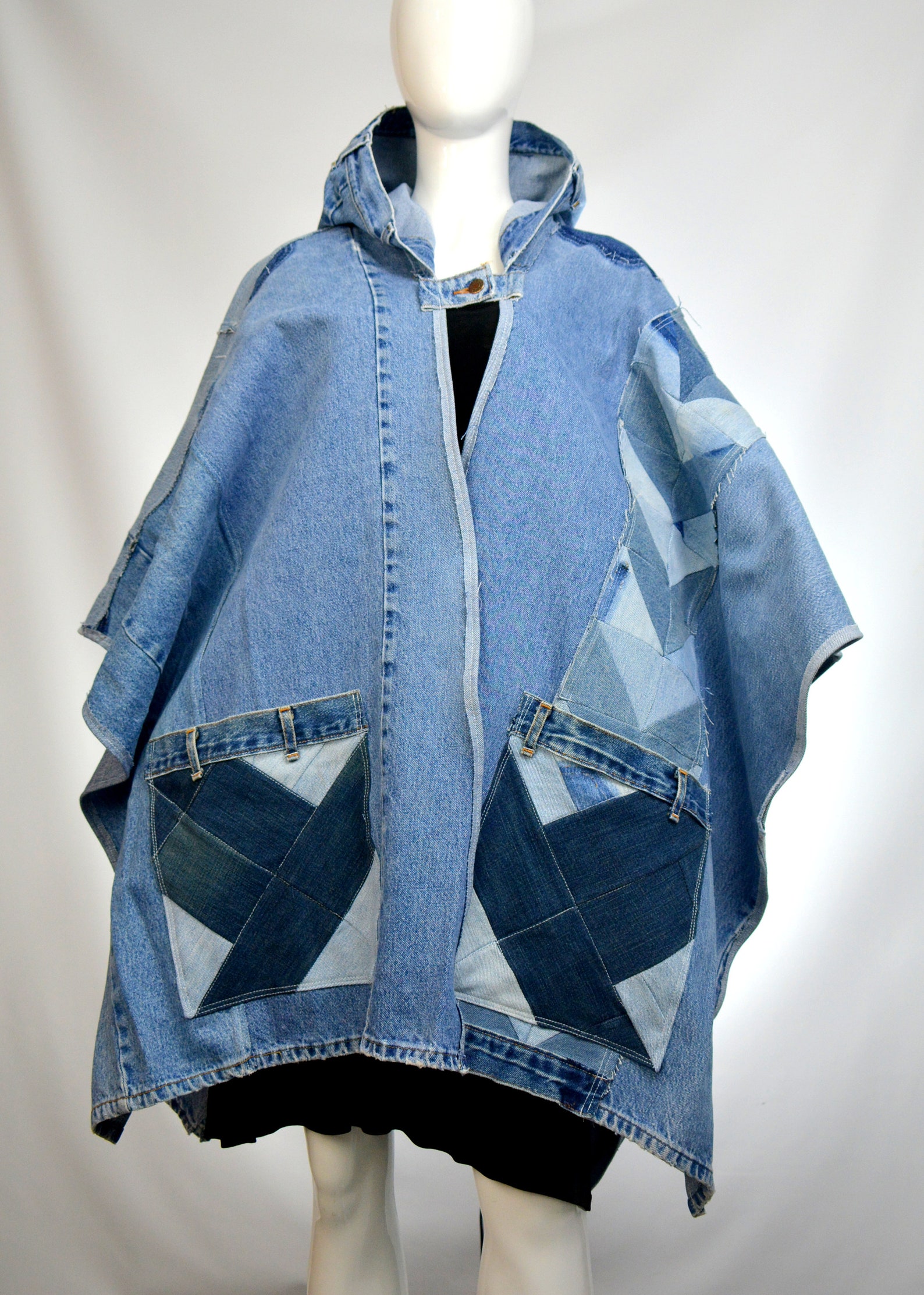 Southwest Unisex Denim Poncho Ecofriendly Upcycled Jeans Reconstructed ...