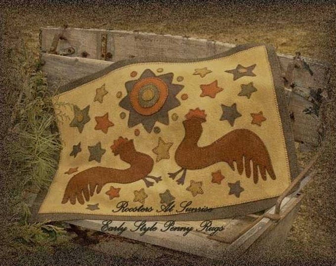 Roosters at Sunrise Rug, Printed Pattern wool Applique, Penny Rug - Etsy