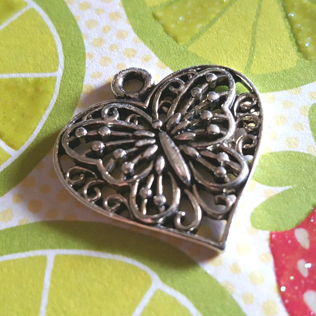 Butterfly Heart Pendant - 10 Pc - Heart Butterfly Charms - Silver ...