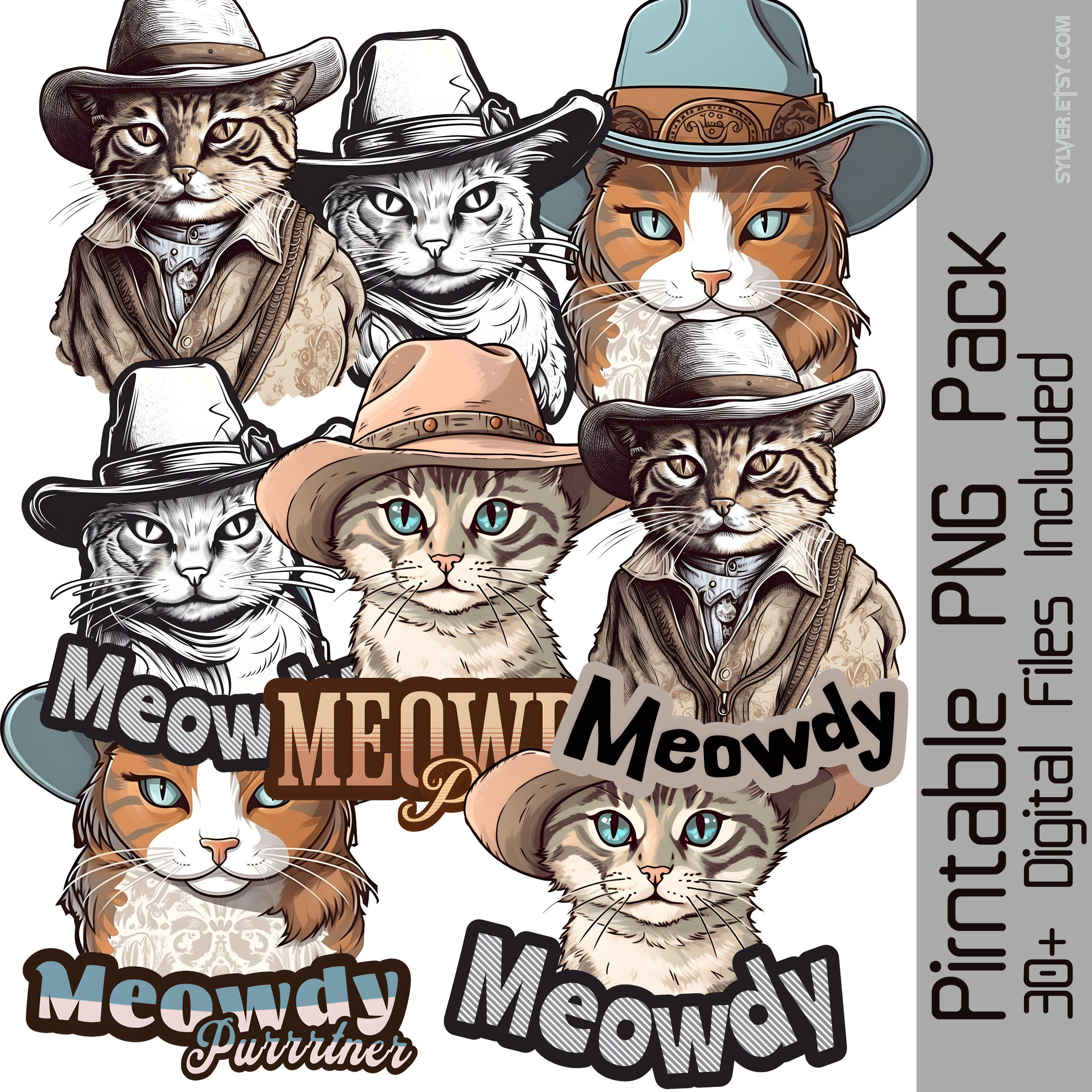 Meowdy Digital PNG Pack, High Res 3000px, Cowboy Cat Stickers, Western ...