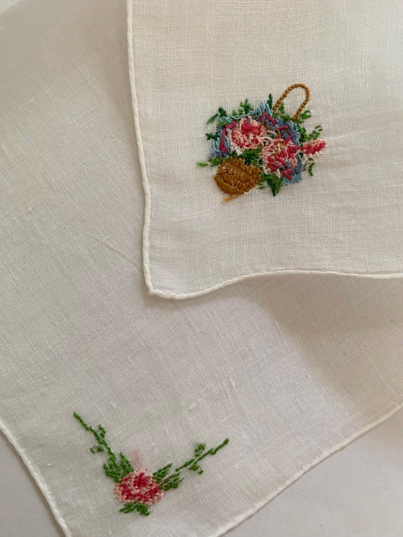Vintage Handkerchief With Petit Point Flower Basket Embroidery - Etsy