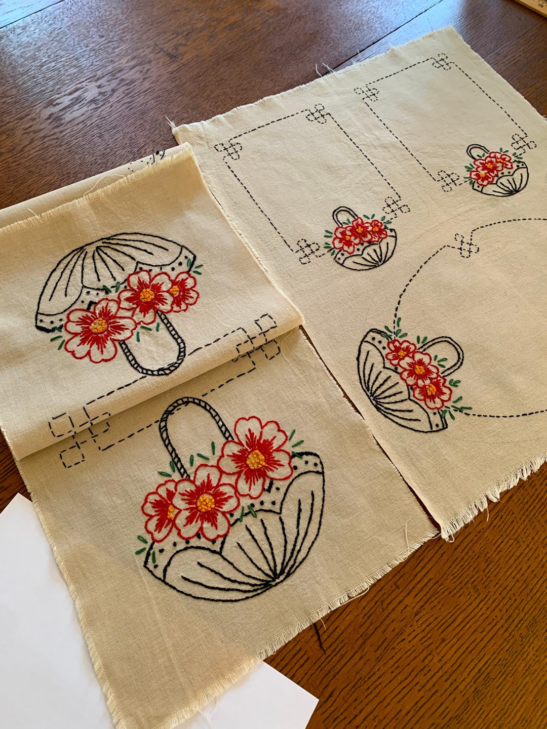 Embroidered 4 Piece Unfinished Table Runner and Doilies Set, Needs ...