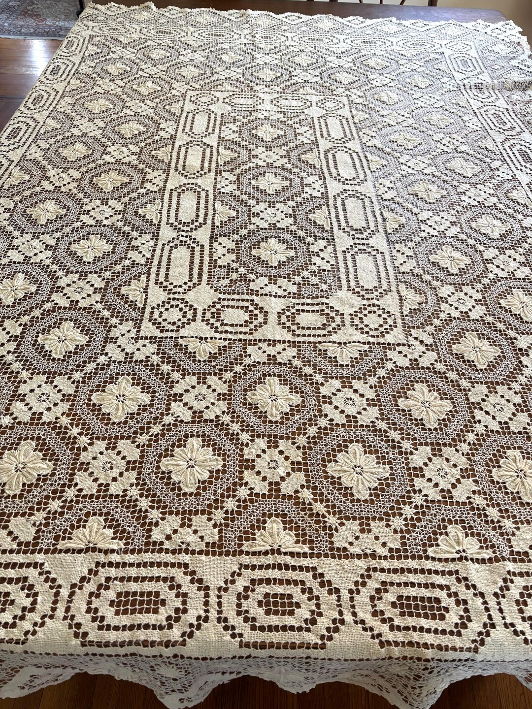 76" X 56" Mondano Filet Lace Tablecloth, Vintage Filet Net, Hand ...