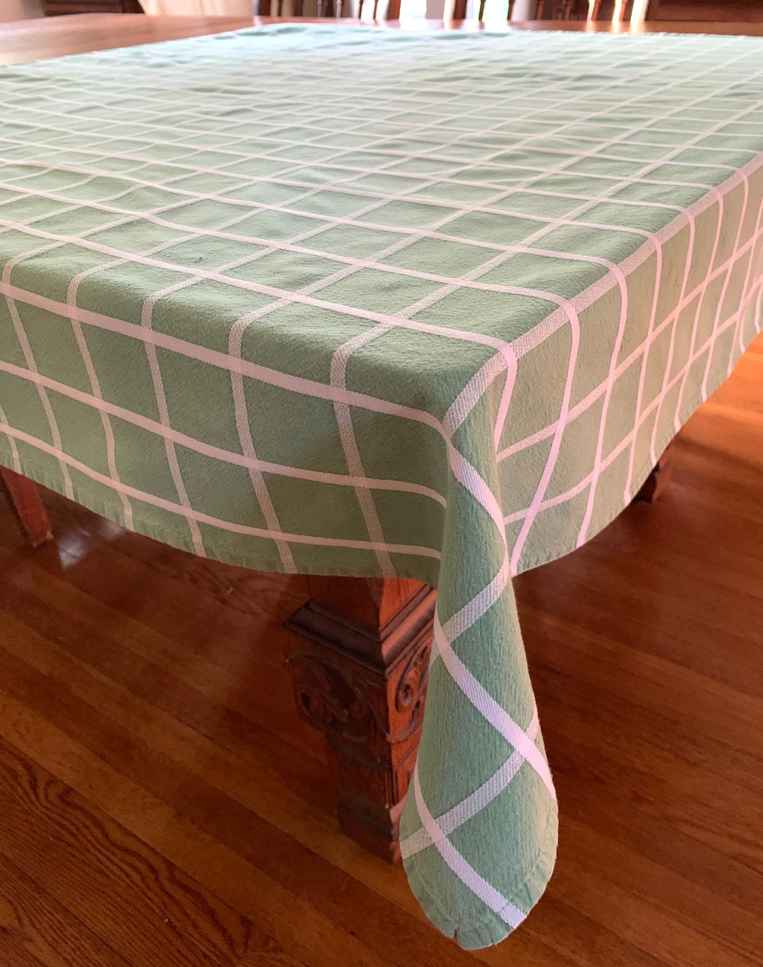 47" Square Vintage Cotton Tablecloth, Celadon Green and White, Checked ...